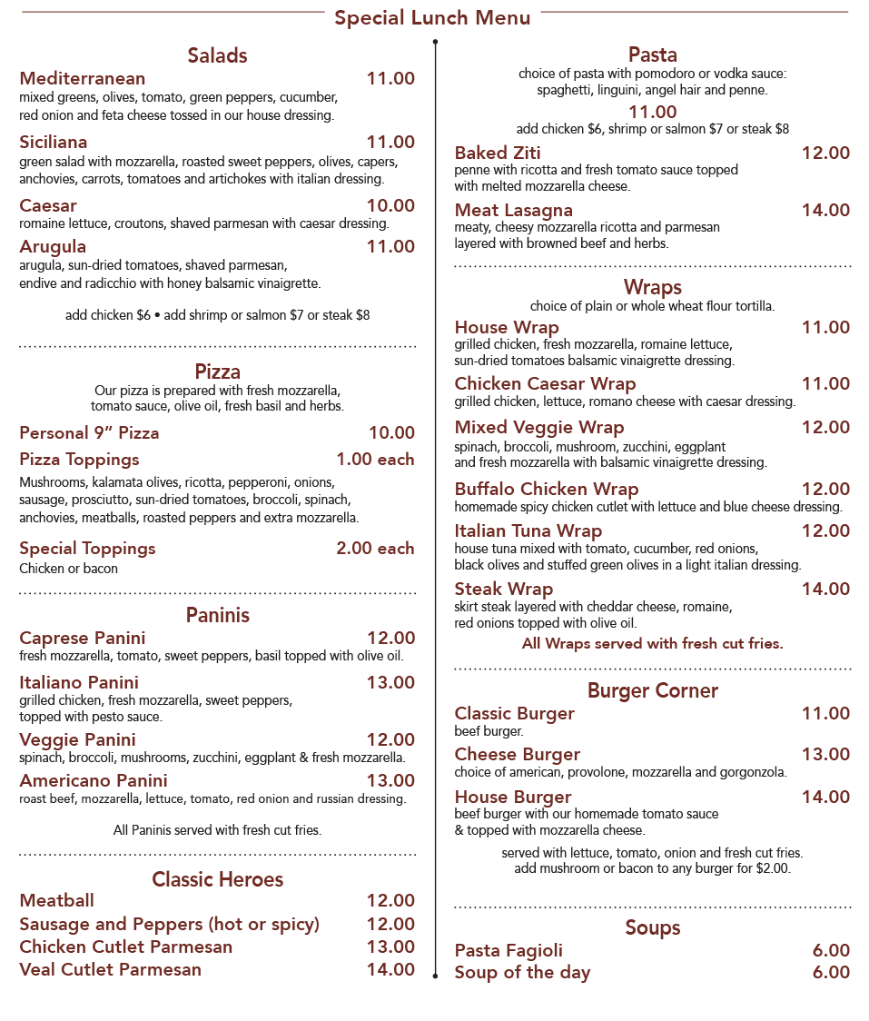 Woodstone Pizza Bar & Grill - Italian Lunch Menu - Rochelle Park, NJ